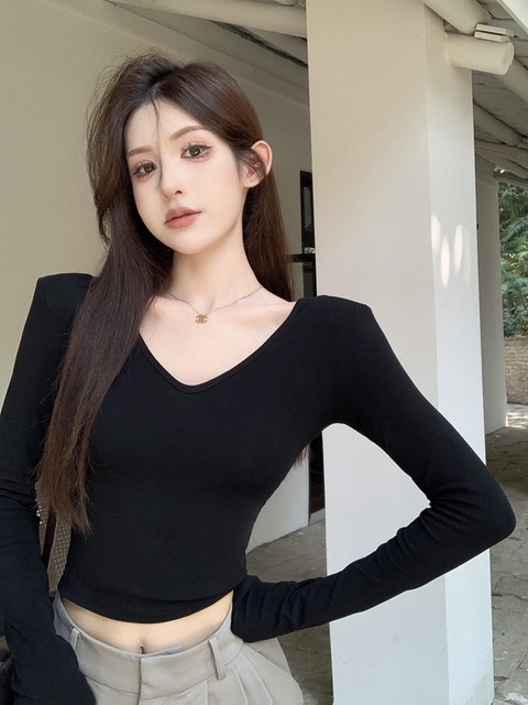 Black V-neck hot girl top slim inner pair shoulder pad early spring and ...
