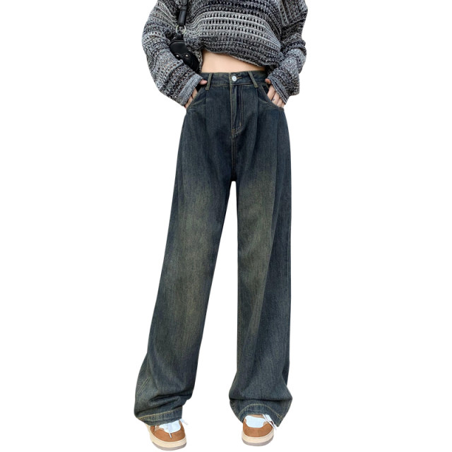 Add velvet cement gray denim wide -leg pants female high waist loose ...