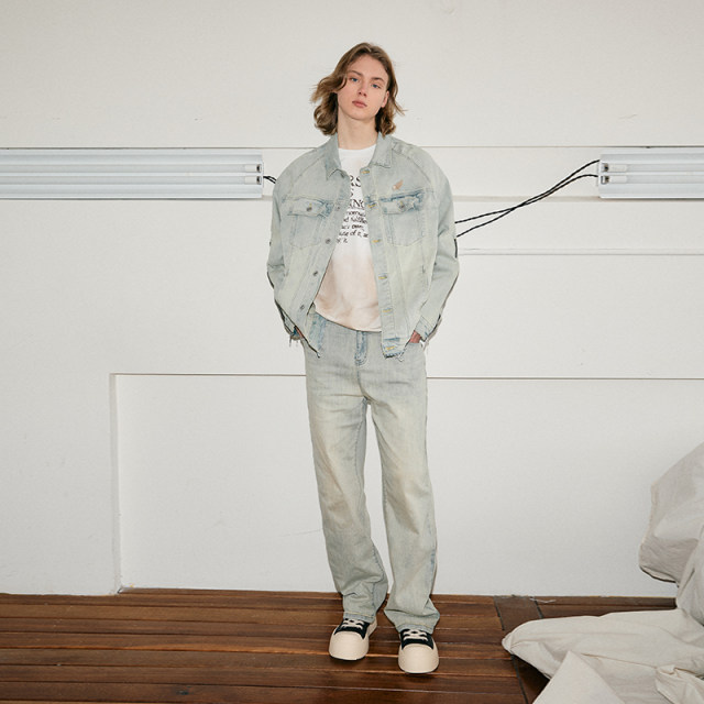 KREATE denim washed distressed yellow mud-dyed ruined denim jacket