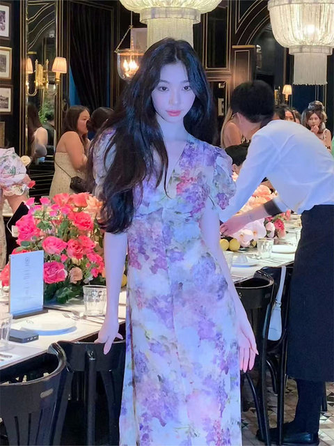 Yi Mengling's same style, French floral high-end dress, women's puff ...