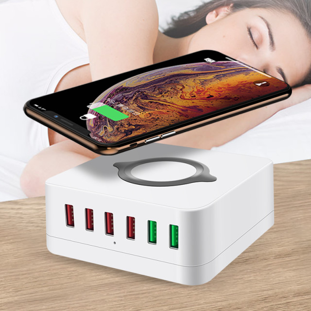 Universal mobile phone tablet multi-port USB charger dual QC3.0 fast charging QI wireless 10W ...