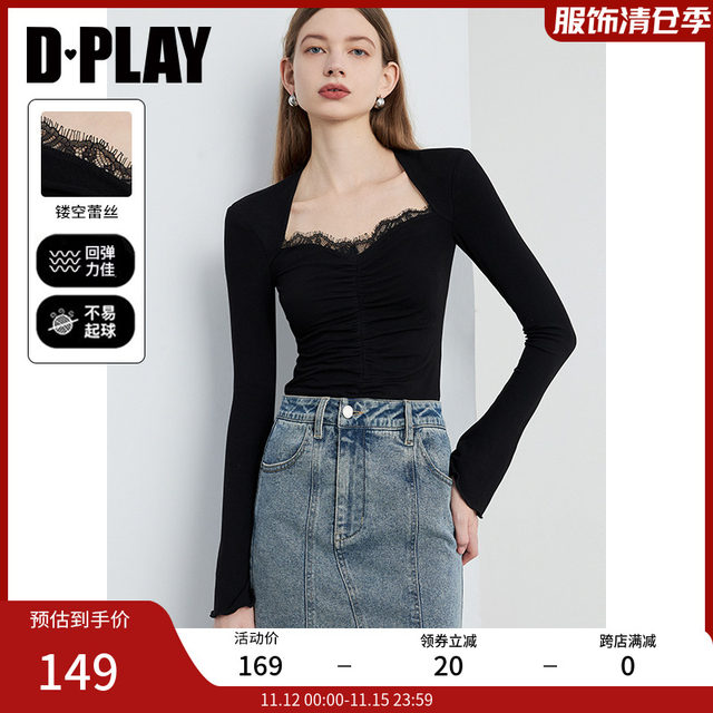 DPLAY 2024 Autumn Black Bottoming Shirt Square Neck Slim Fit Lace ...