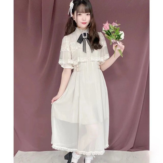 Japanese single rojita dress short-sleeved women's cape mesh large bow ...