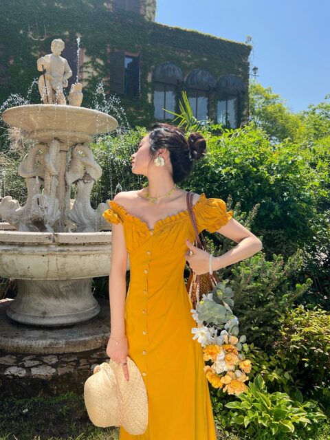 Joe and Joey Ginger French design retro puff sleeve fairy temperament ...