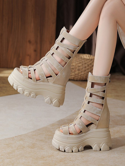 Retro leather 12cm high-end sandals for women with high-top Martin ...