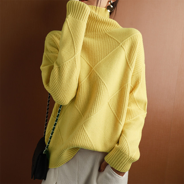 Autumn and winter sweaters women's turtleneck pullover rhombus sweater versatile solid color ...