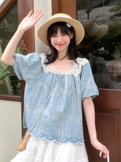 Xiaoyu Liangpin Japanese-Style Lace Collar Blue Short-Sleeve Shirt for ...