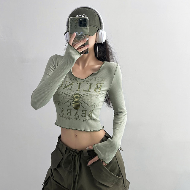 American midriff-baring long-sleeved T-shirt for women, summer design ...