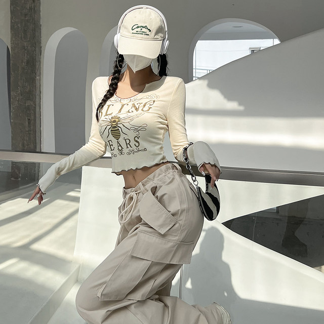 American midriff-baring long-sleeved T-shirt for women, summer design ...