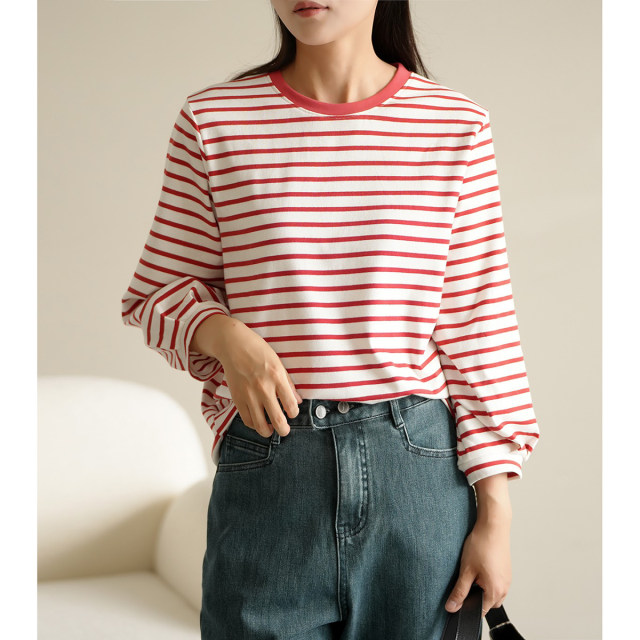 Age -age versatile lamp sleeve women's pure cotton striped seven -point ...
