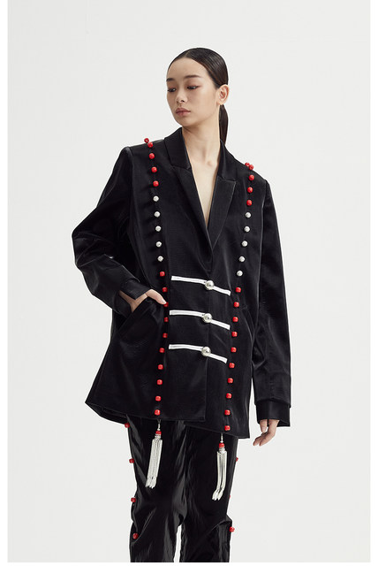 Long-sleeved suit collar popular autumn contrasting beaded silver ...