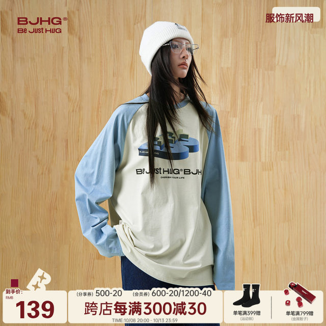 BJHG regardless of autumn contrast color raglan pure cotton round neck ...