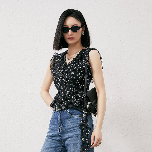 Pupu asymmetric ruffled flower crushing female 2024 summer new V -neck ...