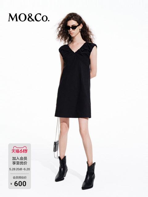 MOCO dress summer French pleated sculpture puff sleeves V-neck cotton tint black blue Moanke