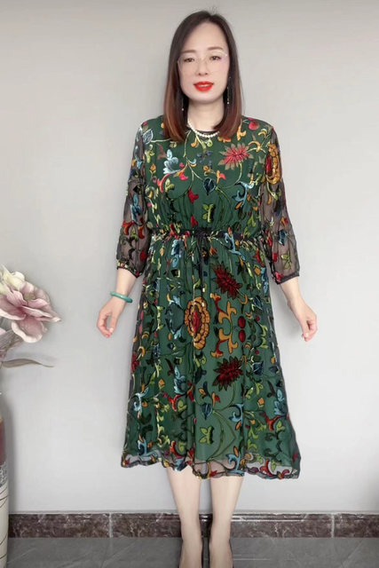2024 Summer new round neck drawing rope Slim silk felsmon long dress ...