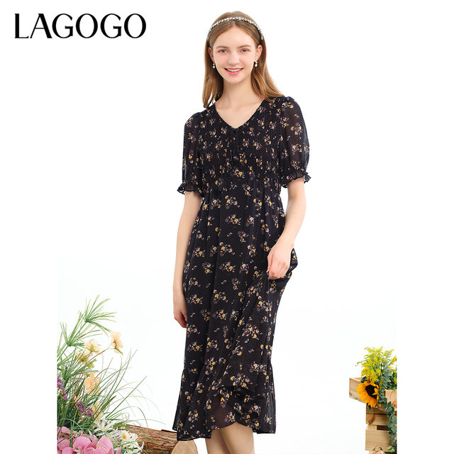 Lagogo Lagu Valley French wave dot dot skirt 2024 new temperament V -neck chiffon dress female