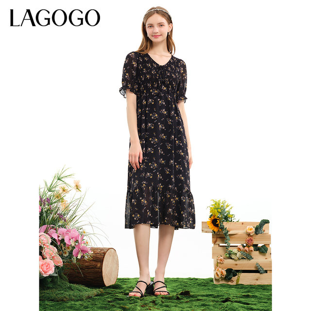 Lagogo Lagu Valley French wave dot dot skirt 2024 new temperament V -neck chiffon dress female