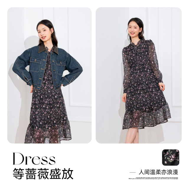 Lagogo Lagogu chiffon floral skirt women's v-neck 2024 autumn new ...