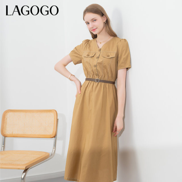 Lagogo Lagogo Maillard pure cotton dress women's 2024 summer new V-neck A-line puff sleeve retro ...