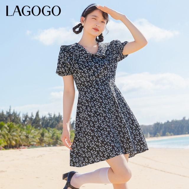 Lagogo Lagogu summer new style waist-cutting temperament sweet A-line ...