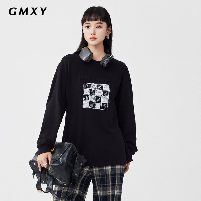Gu Mu Xixiu's temperament fashion wearing round collar long -sleeved T ...