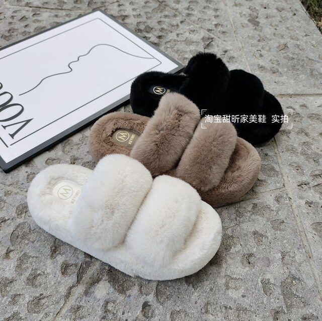 Thick-soled, one-line fur slippers for women wearing plush velvet non ...