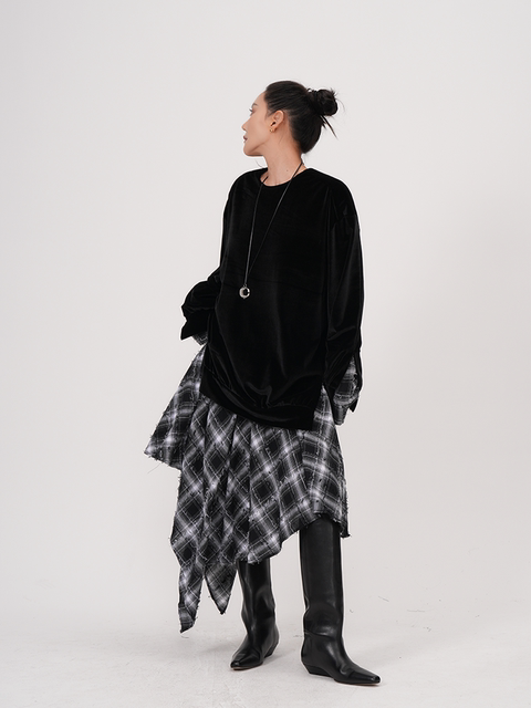 Tan Yanmi Velvet plaid splicing fake two irregular sweatshirt dress ...