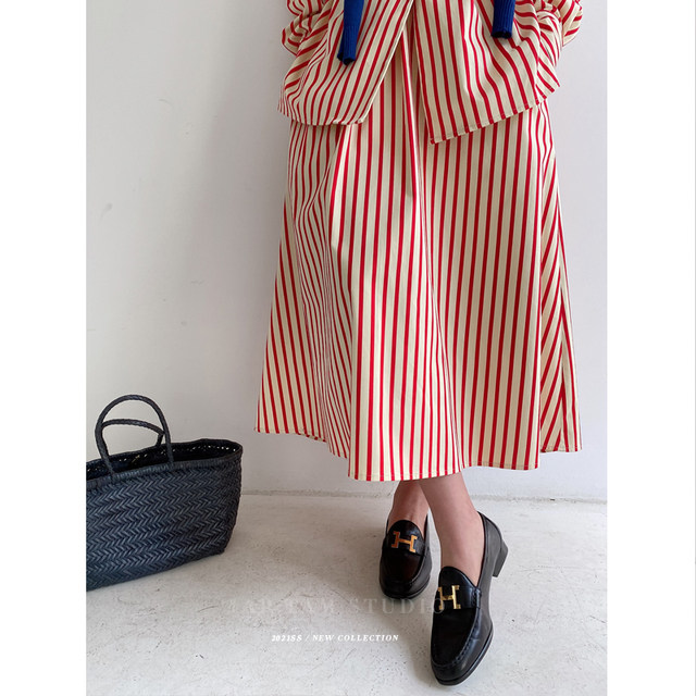 Tan Yanmi Red Rice Striped Skirt Women's High Waist Summer Mid-Length A ...