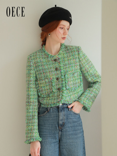 Oece retro green white coat for women's spring new women's clothing ...