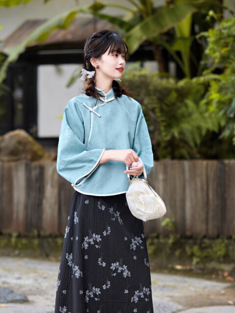 Find Eden original fresh blue Chinese top for girls with slanted front ...