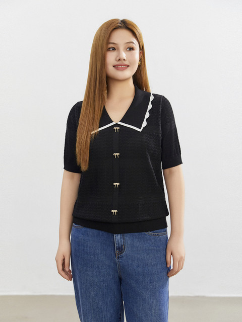 Xianli show large size women's summer new contrasting lapel sweater ...