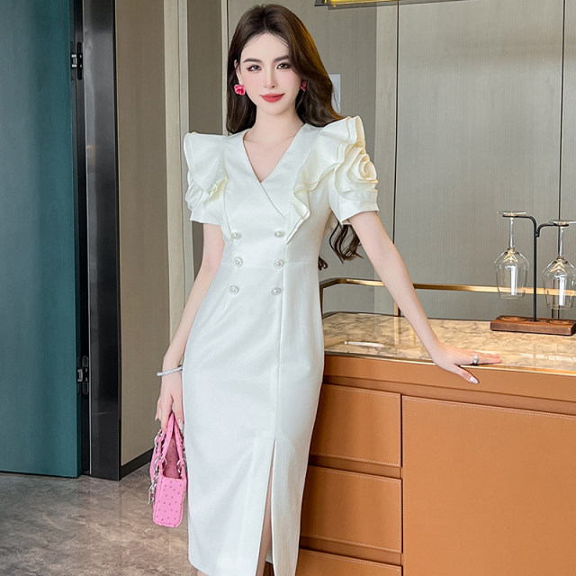 Rose short-sleeved designer V-neck dress for formal occasions, ladylike ...