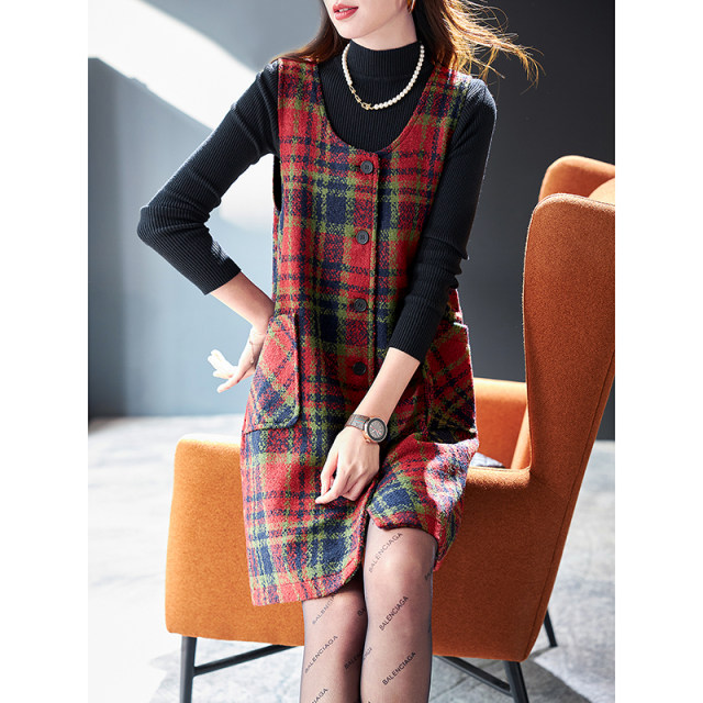 Poishi V -neck grid grast -wrapped skirt 2024 Autumn temperament new ...