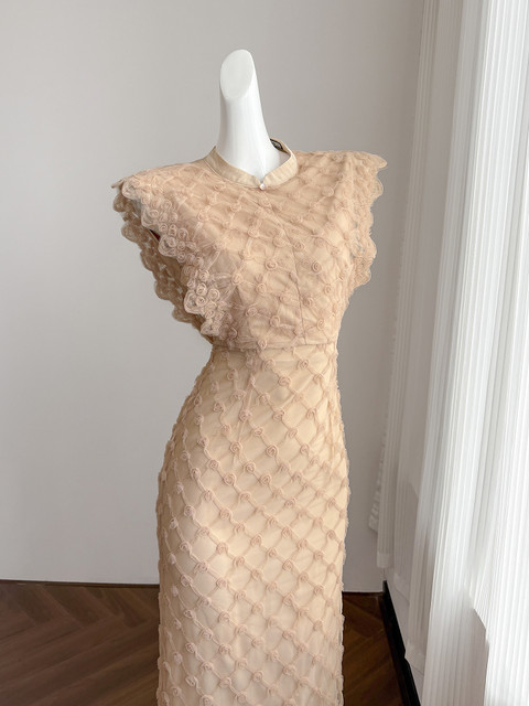 Pink retro sleeveless dress for women summer long skirt mesh splicing ...