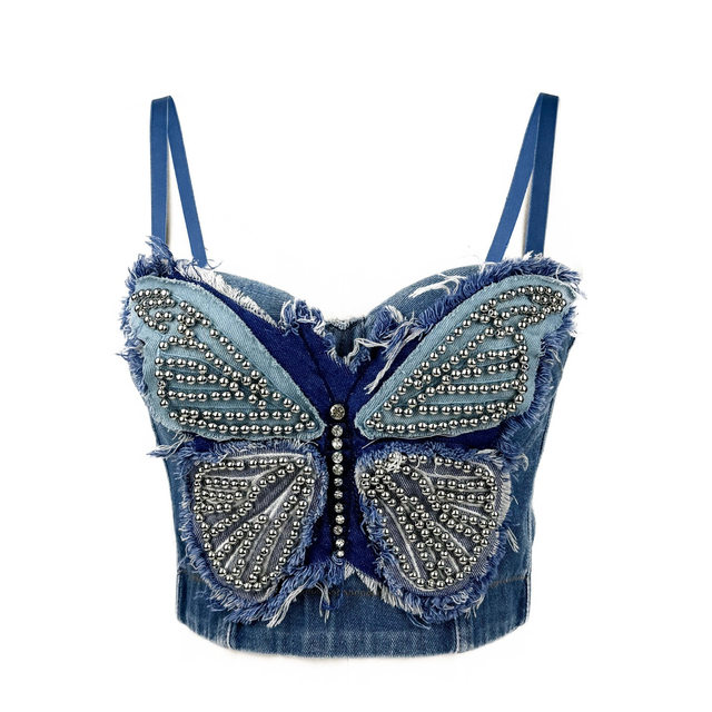 Butterfly beaded denim outer wear fishbone bra underwired short vest ...