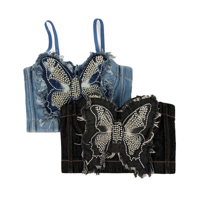 Butterfly beaded denim outer wear fishbone bra underwired short vest ...