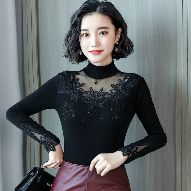 2024 autumn new Korean version of large size women's lace top, wild semi -high -neck long sleeve ...