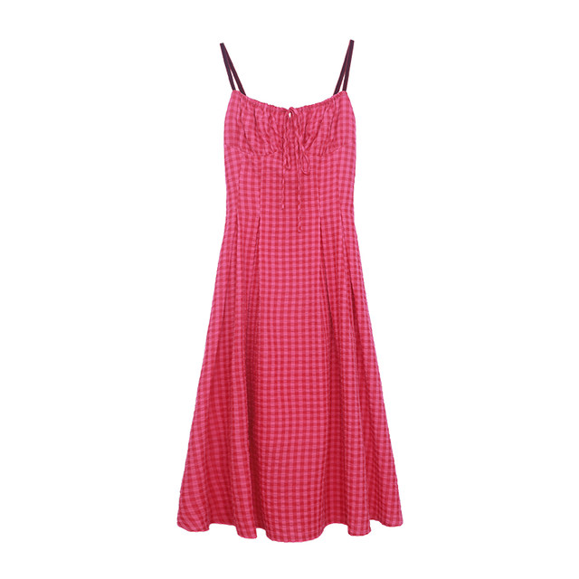 Haze Hezhi Hong Kong Style Red Plaid Sling Dress Female Summer Temperament