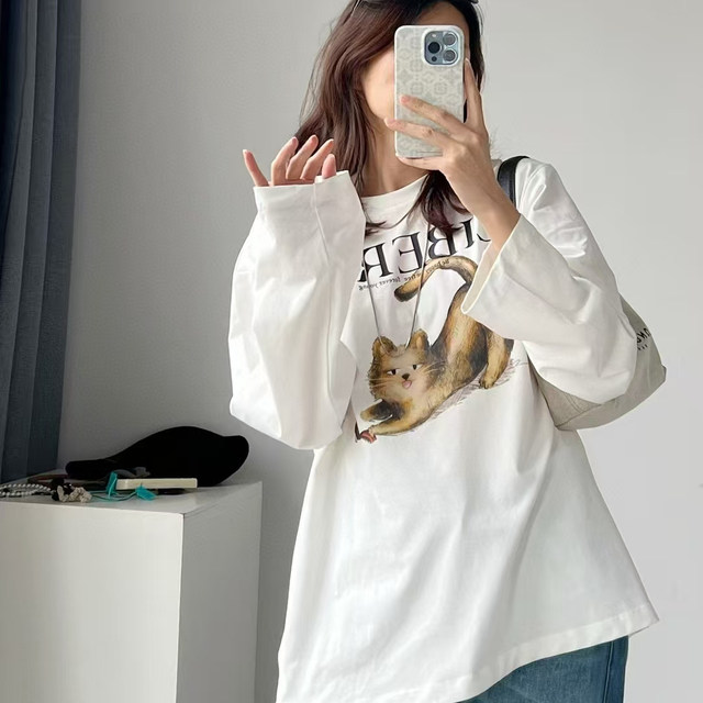 mumu cute pet cat print 25 spring new product pure cotton round neck T-shirt for women loose ...