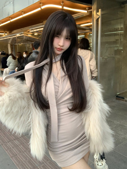 Your spicy autumn and winter inner hip skirt women's milk tea dress ...