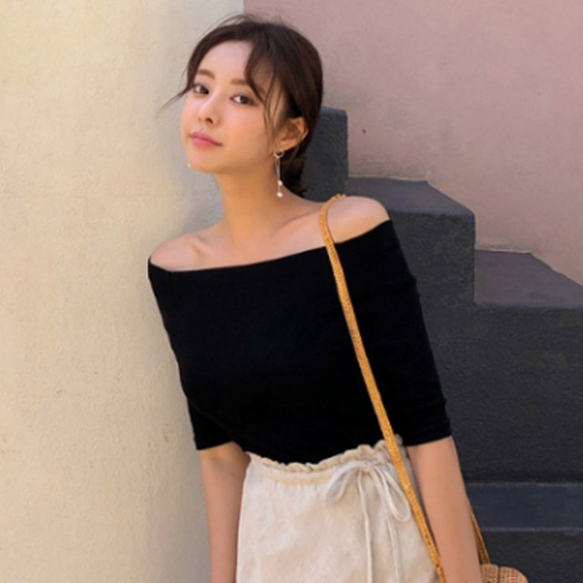 One word collar sexy collarbone medium sleeve T -shirt female slimming ...