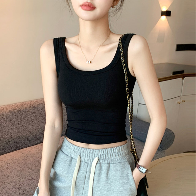 Pure cotton black U -collar back small suspender vest female summer suits with sleeveless bottom ...
