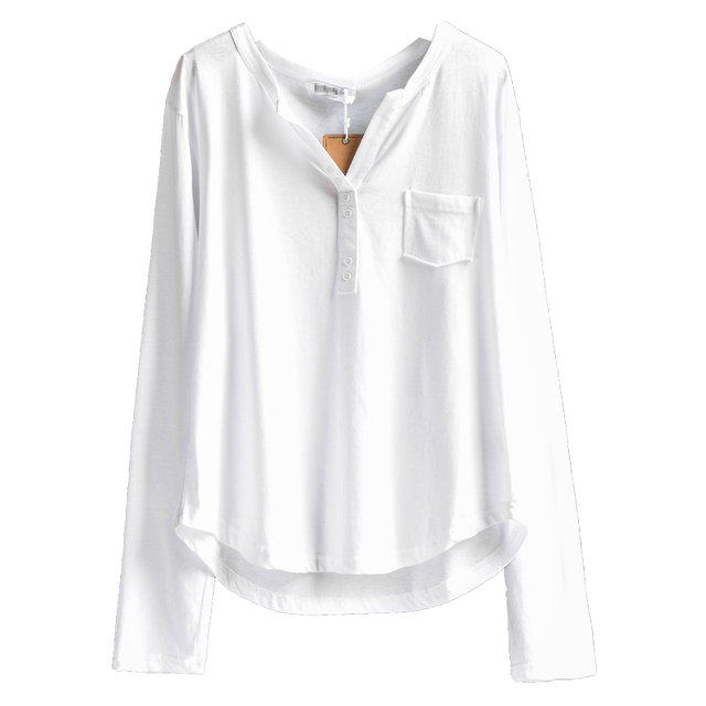 Pure cotton loose pocket V-neck half-open button casual versatile long ...
