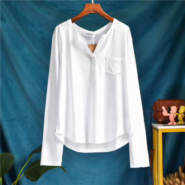 Pure cotton loose pocket V-neck half-open button casual versatile long ...