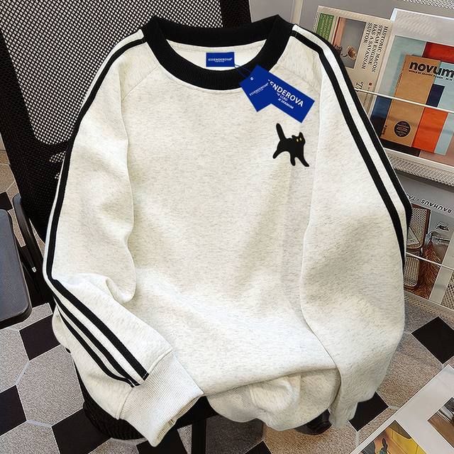 Fun cat printed three bar round neck sweater 2024 autumn and winter ...