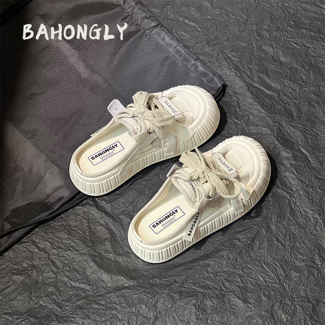 Genuine leather thick-soled biscuit shoes toe-toe half slippers for ...