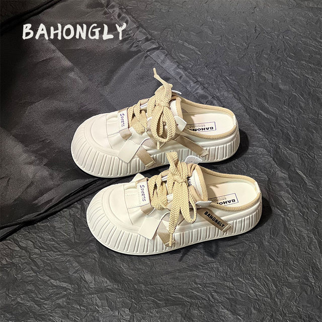 Genuine leather thick-soled biscuit shoes toe-toe half slippers for ...