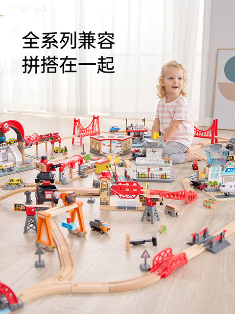 Hape wooden train track building block town transportation storage set ...