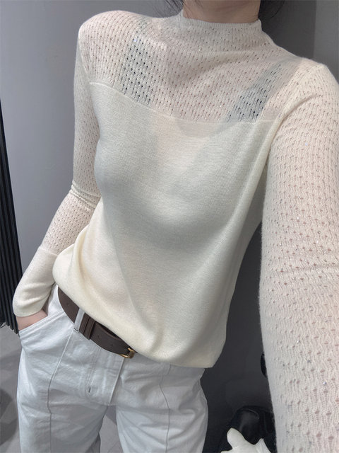 Hollow micro -scratching sweater, long -sleeved female autumn and ...