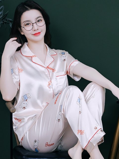 Pajamas women's spring, summer and autumn ice silk short-sleeved trousers thin home clothes ...